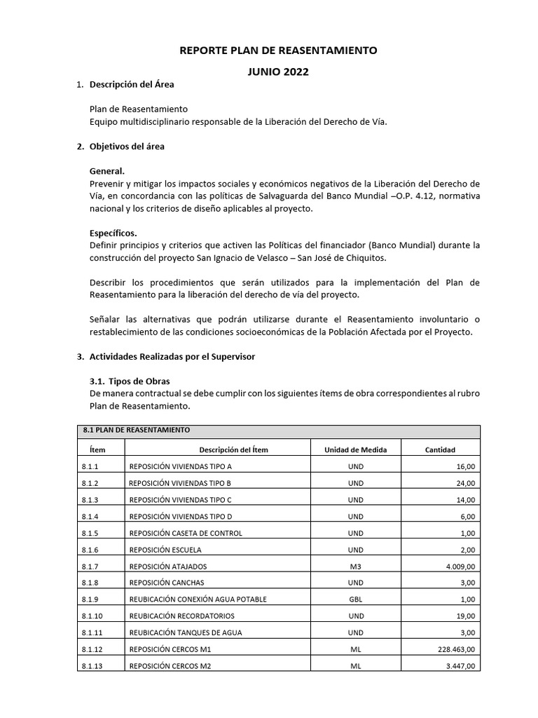 Reporte Plan de Reasentamiento Junio 2022 | PDF