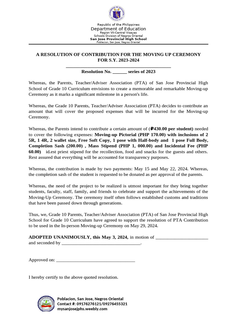 Resolution For Moving-Up Activity 2024 | PDF