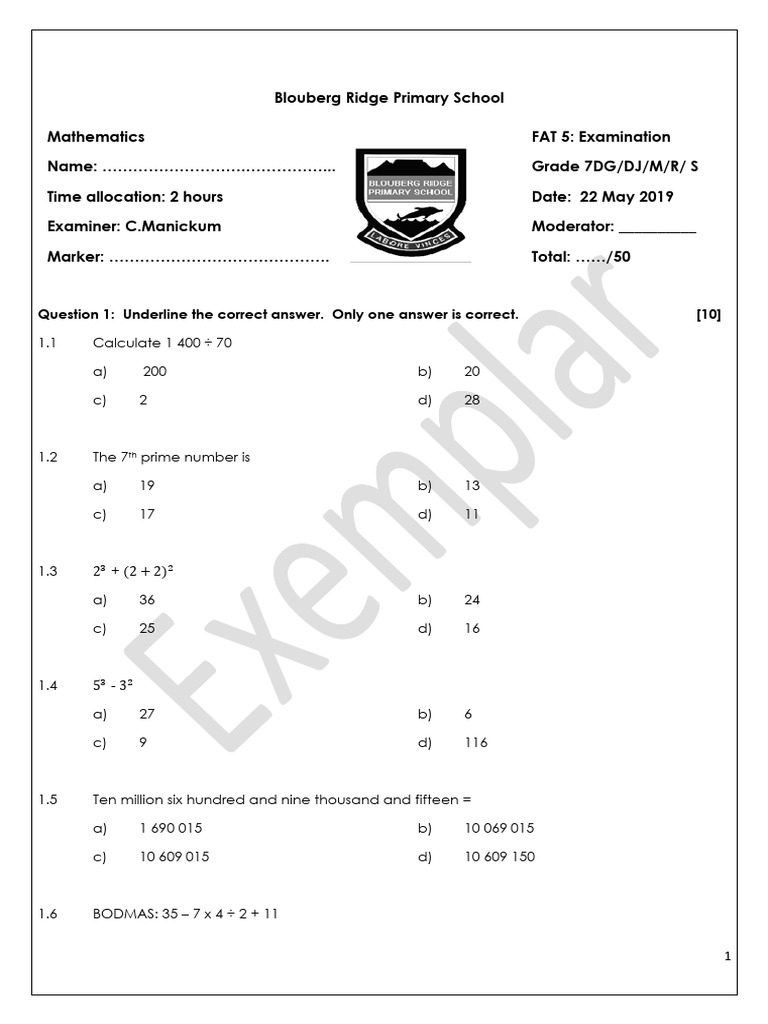 Grade 7 Mathematics Paper 1 June 2019 | PDF | Division (Mathematics ...