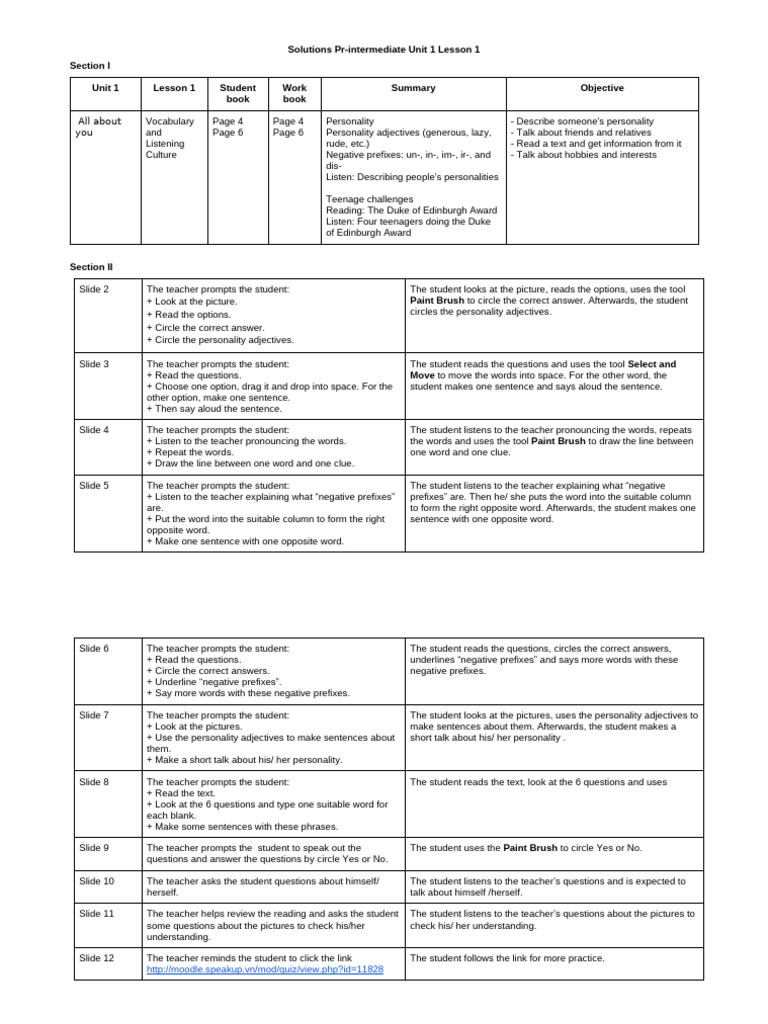 Teaching Note - Solutions Pre-Intermediate Unit 1 Lesson 1 | PDF