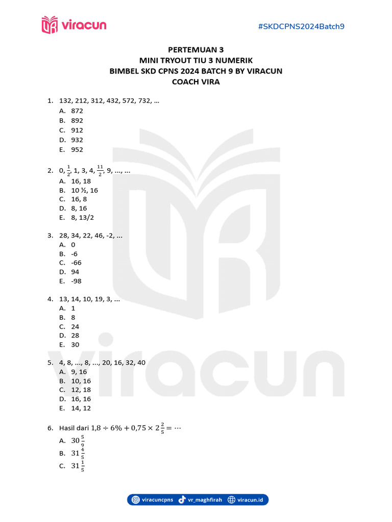 Pertemuan 3 Mini Tryout Tiu 3 Numerik Bimbel SKD Cpns 2024 Batch 9 by Viracun Coach Vira | PDF