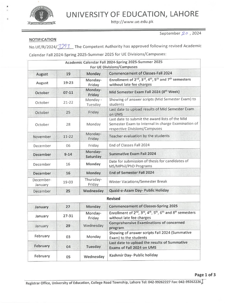 Notification Revised Academic Calendar Fall 2024-Spring 2025-Summer ...