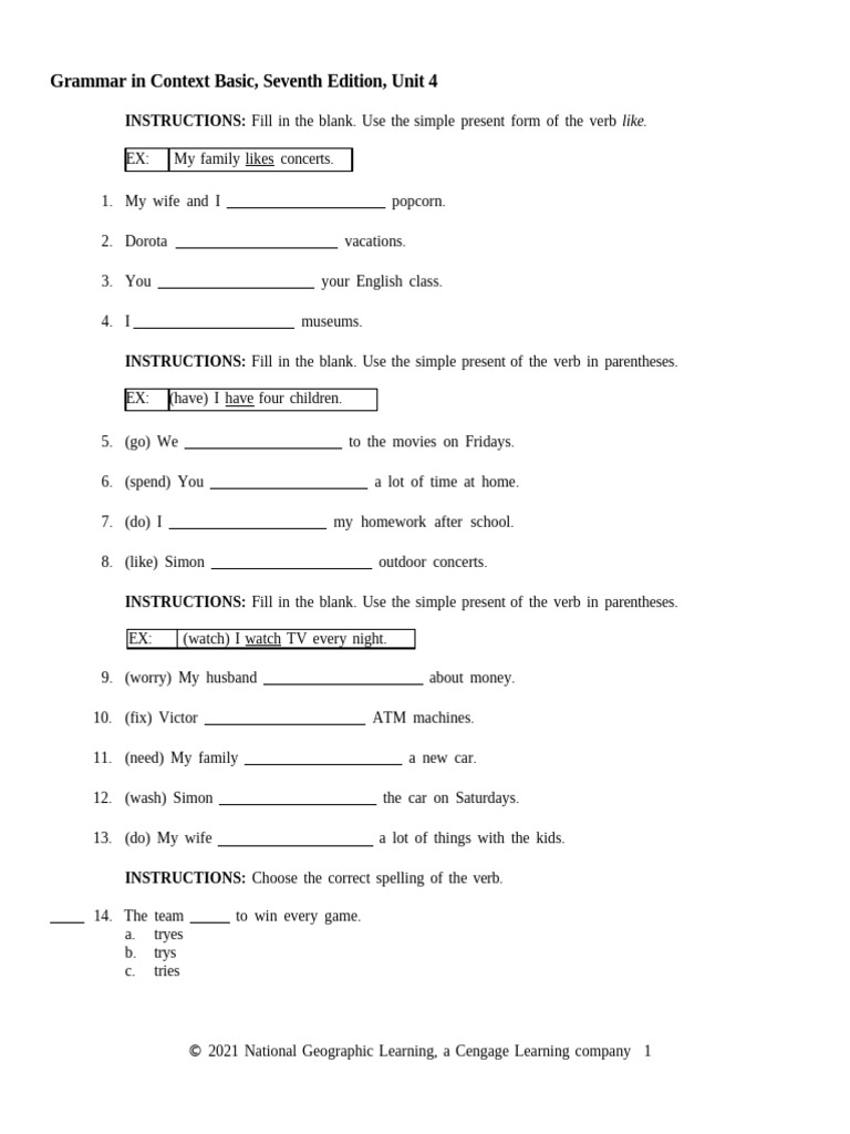 Grammar in Context Basic Unit 4 Revision | PDF