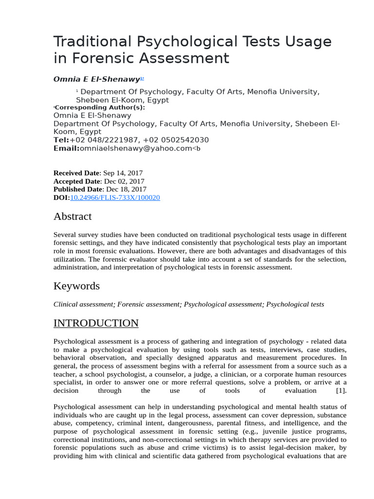 Traditional Psychological Tests Usage in Forensic Assessment | PDF ...
