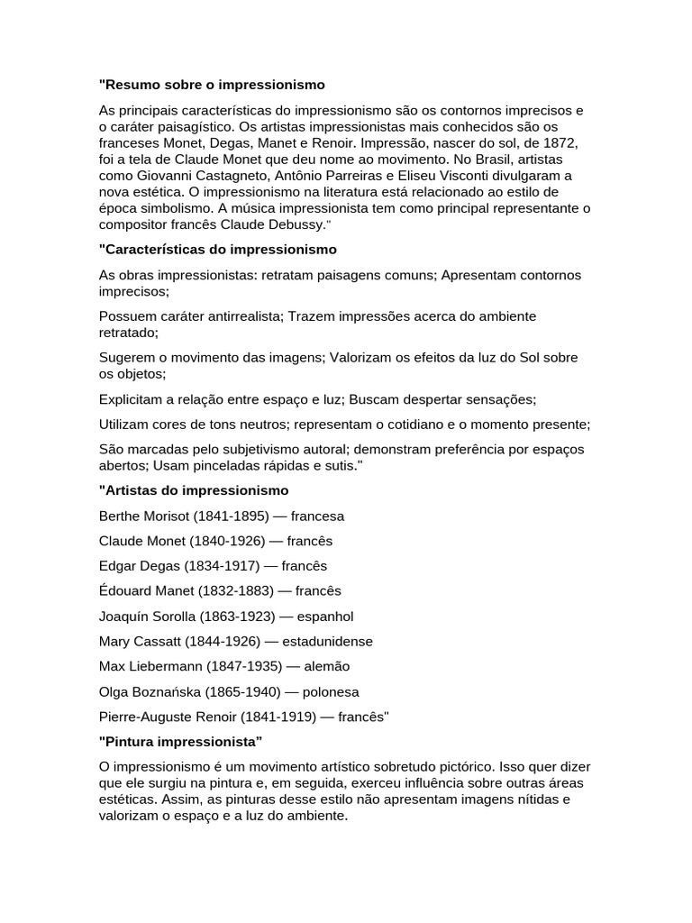 Resumo Sobre o Impressionismo | PDF