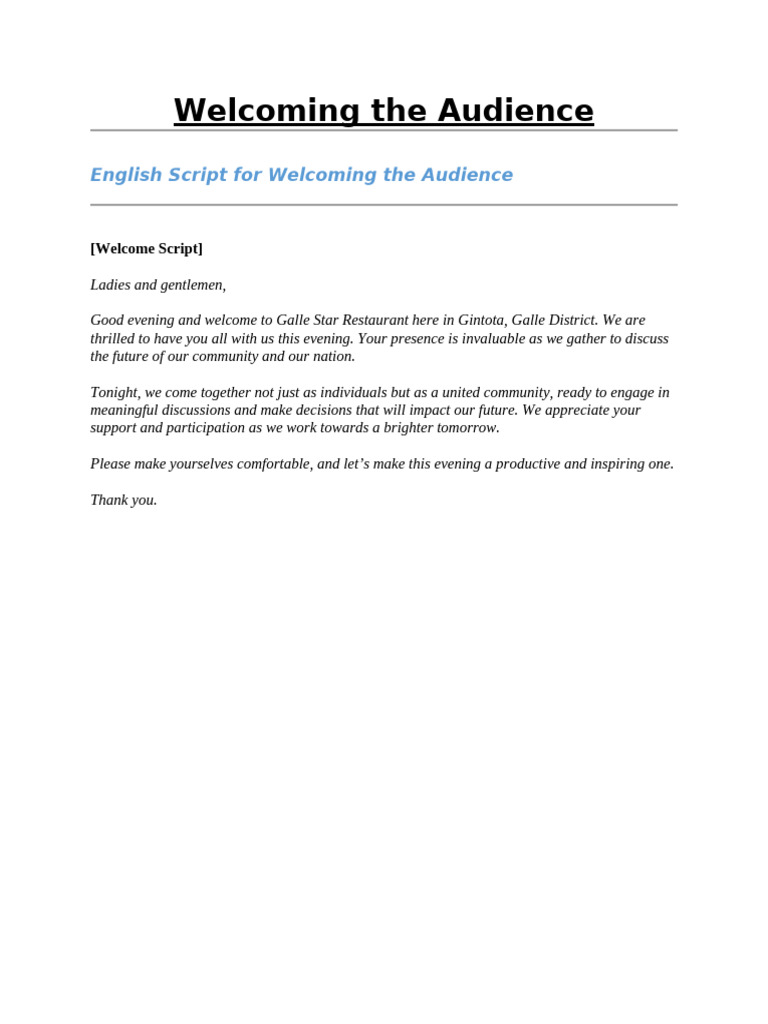 Welcoming The Audience | PDF