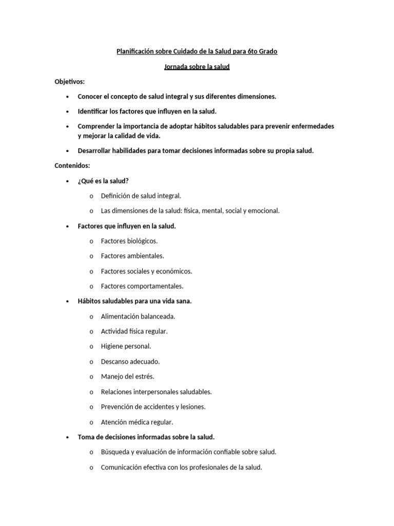 Planificación Sobre Cuidado de La Salud para 6to Grado | PDF