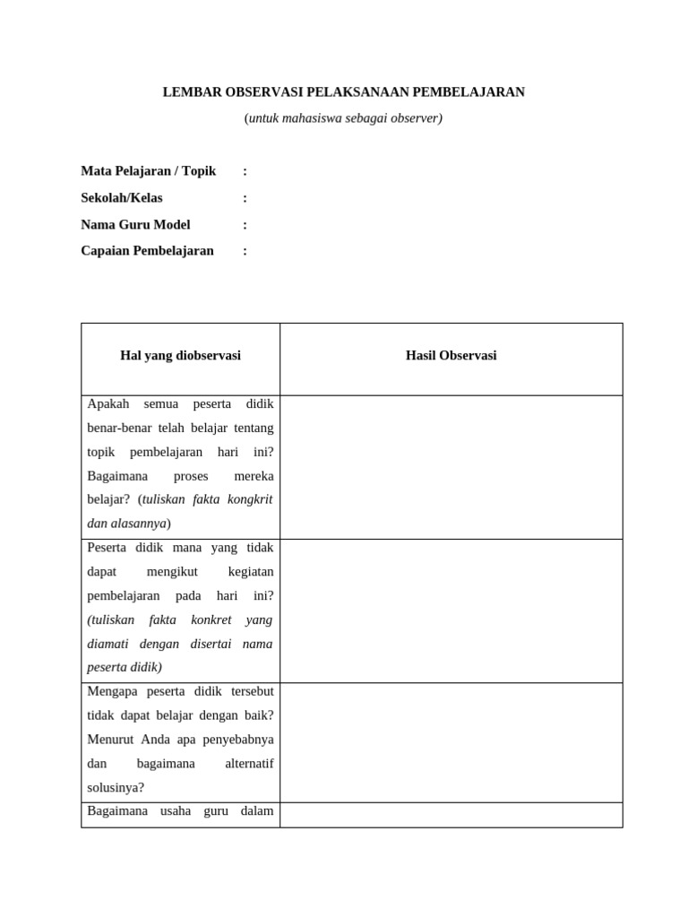Lembar Observasi Pelaksanaan Pembelajaran | PDF