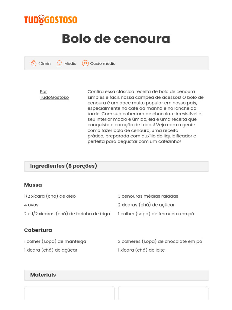 Bolo de Cenoura - TudoGostoso | PDF