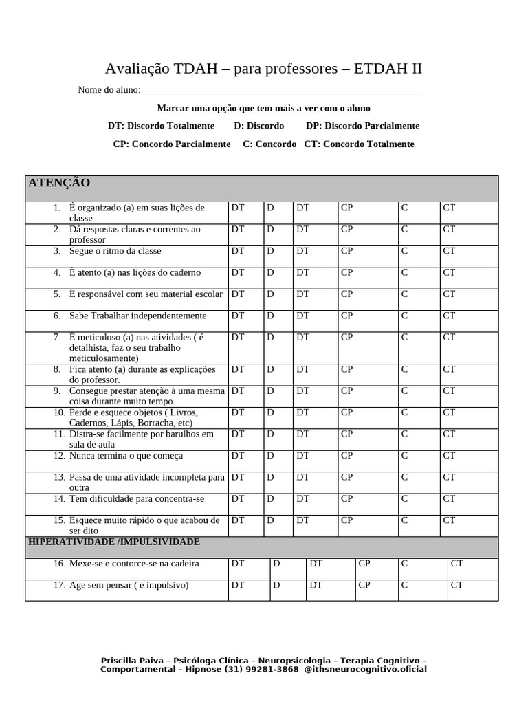 Avaliação TDAH - etdah II - PARA PROFESSORES | PDF