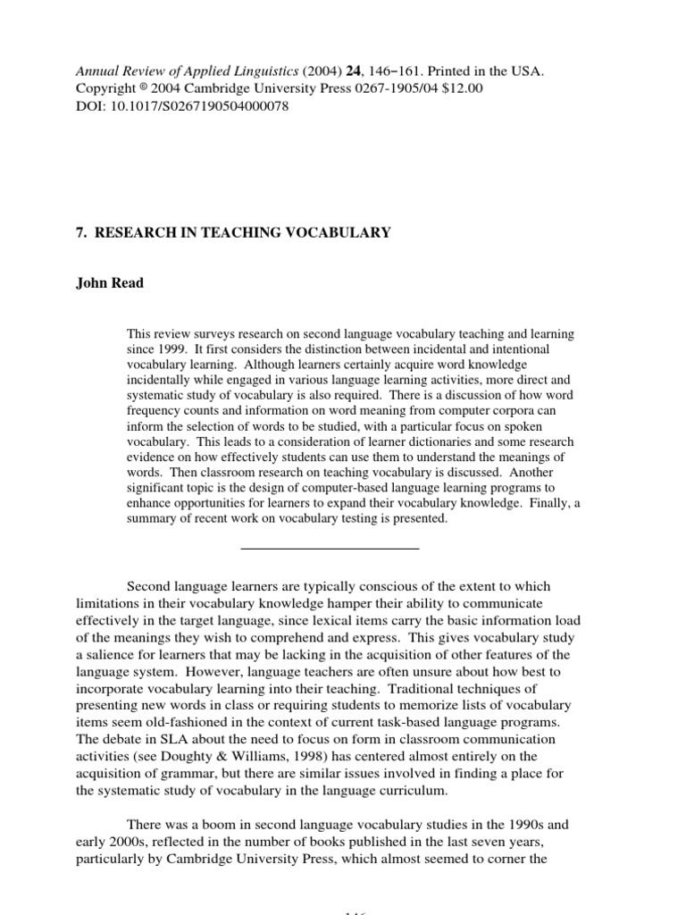 Research in Teaching Vocabulary | PDF