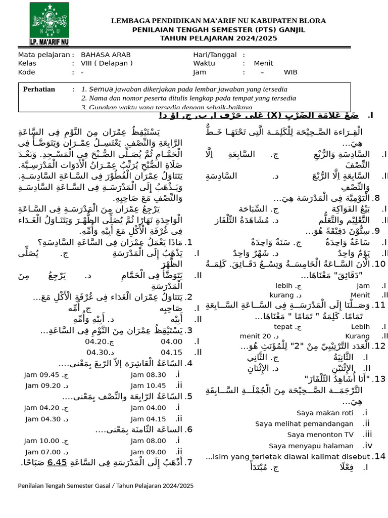 Soal BAHASA ARAB 8 PTS Ganjil 2024 2025 | PDF