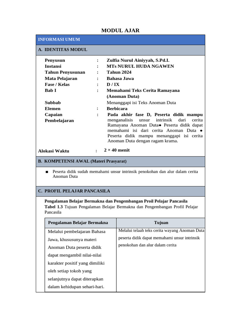 Modul Ajar 1 Bahasa Jawa Kelas 9 Supardi | PDF