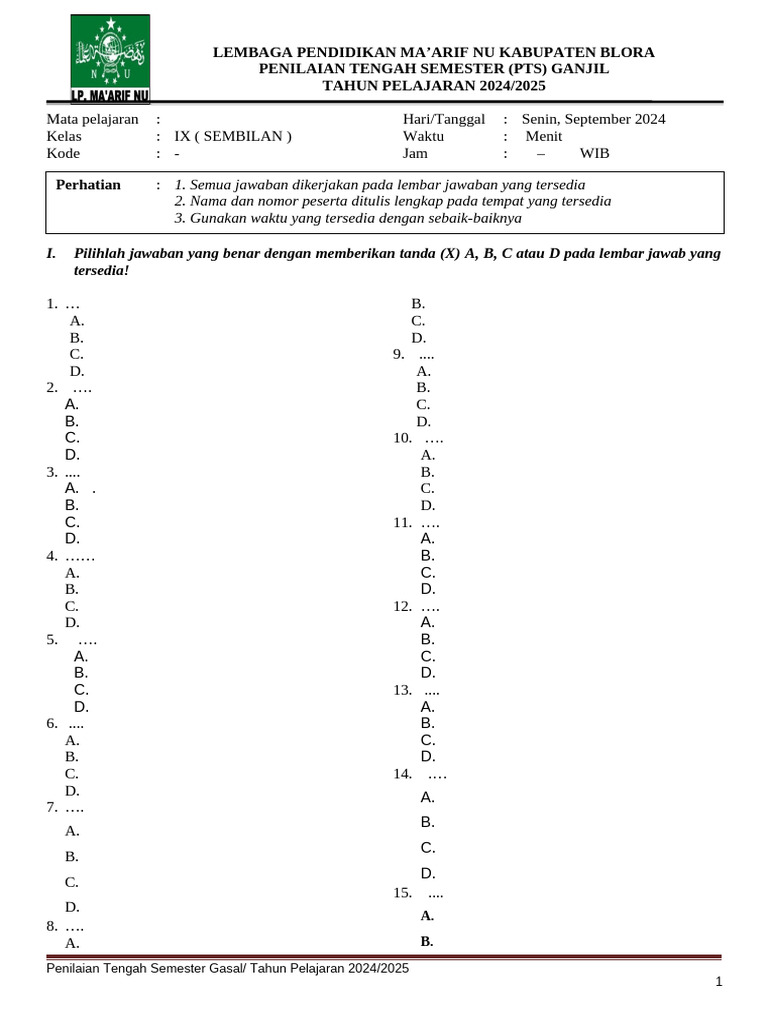FORM Soal PTS Ganjil 2024 2025 | PDF
