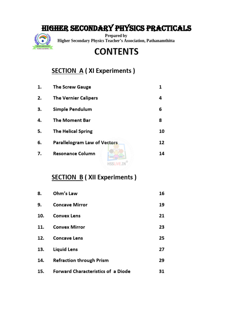 Physics Practical Lab Manual (For XI & XII) - Hsslive - in | PDF