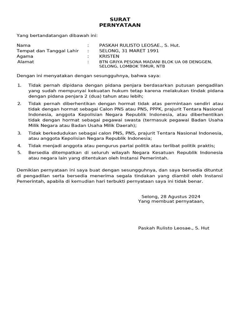 LAMPIRAN 3. Form Surat Pernyataan 5 Poin CPNS | PDF