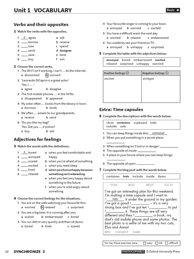 Synchronize2 TRB Worksheets Unit 1 Basic Vocabulary | PDF