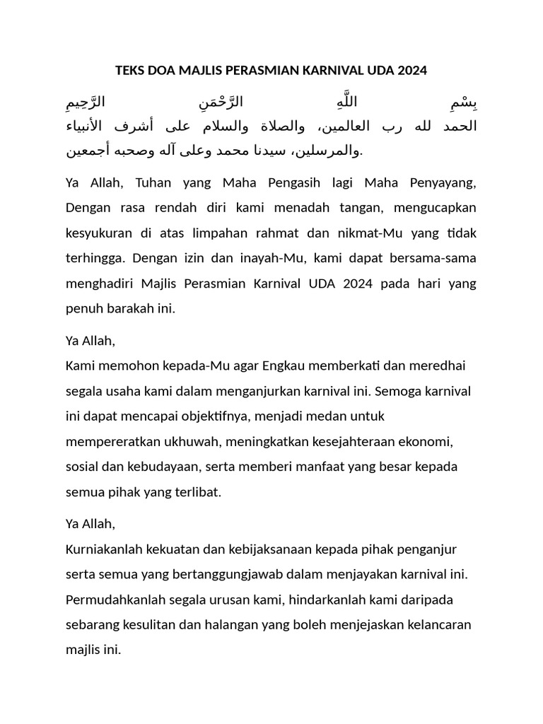 Teks Doa Majlis Perasmian Karnival Uda 2024 | PDF
