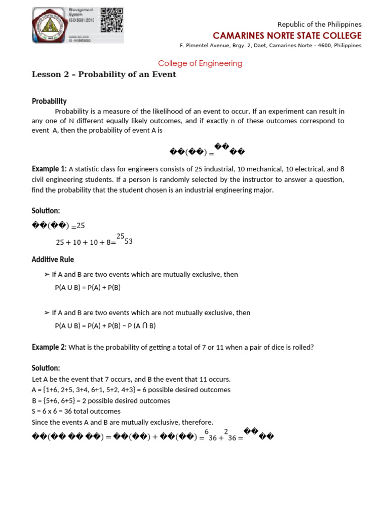 Lesson 2 Probability Of An Event Pdf