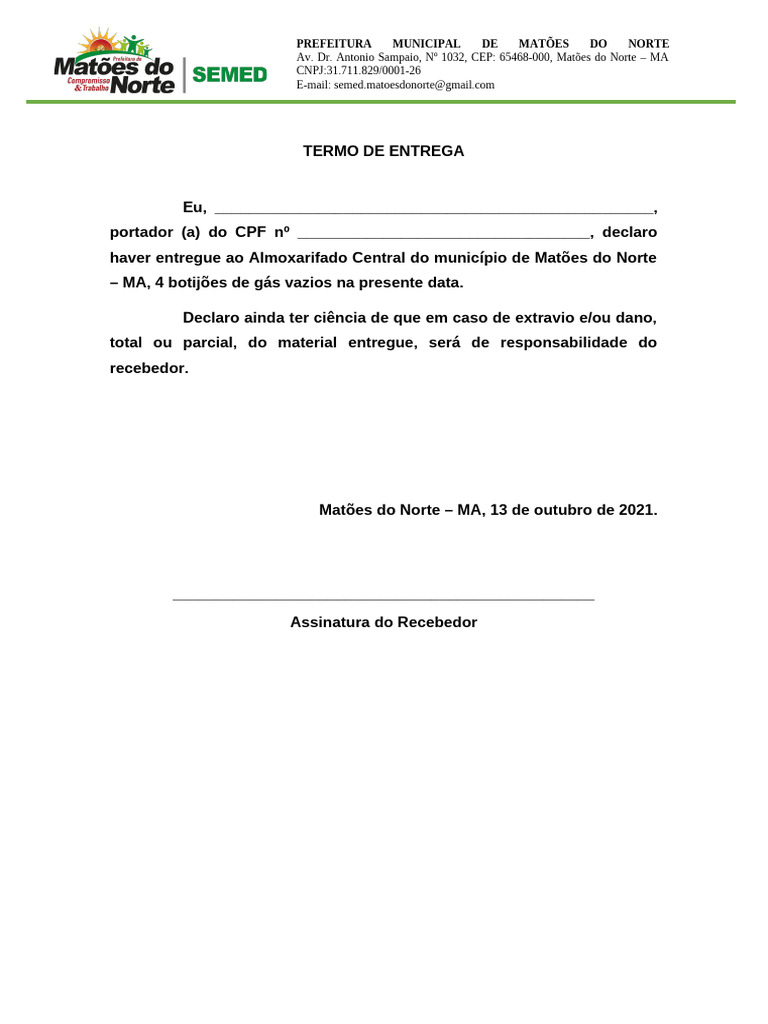 TERMO DE ENTREGA material | PDF