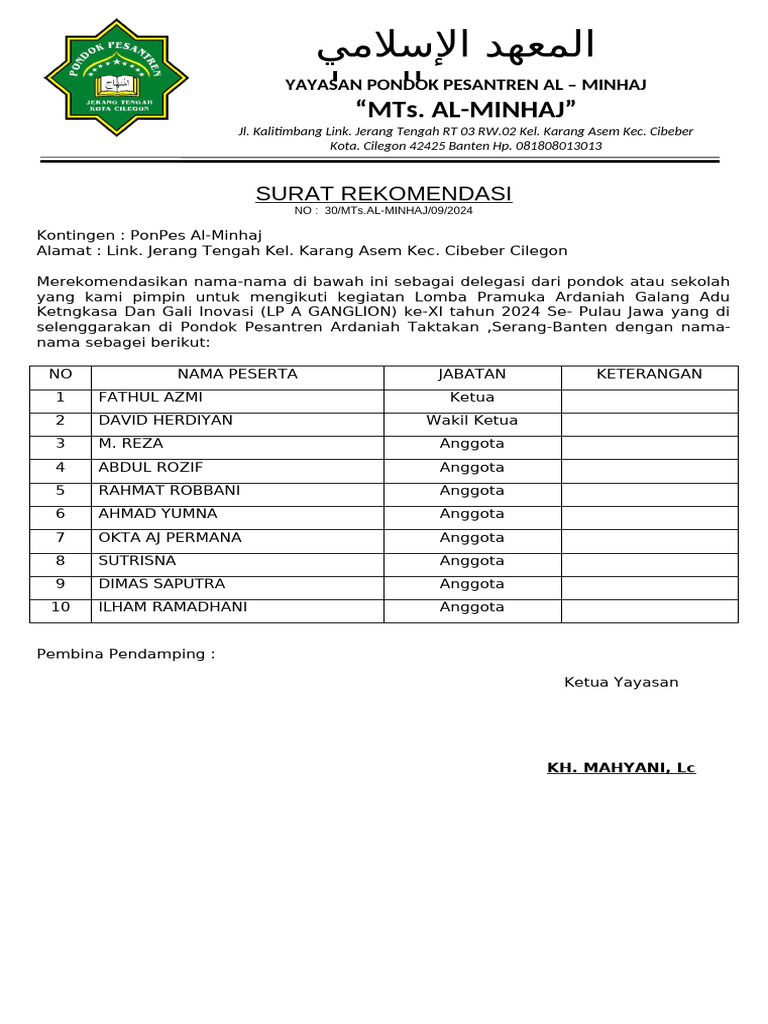 Surat Rekomendasi Pramuka Al-Minhaj | PDF