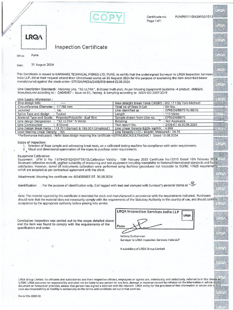 88 MM - 110 M Rope Certificate | PDF