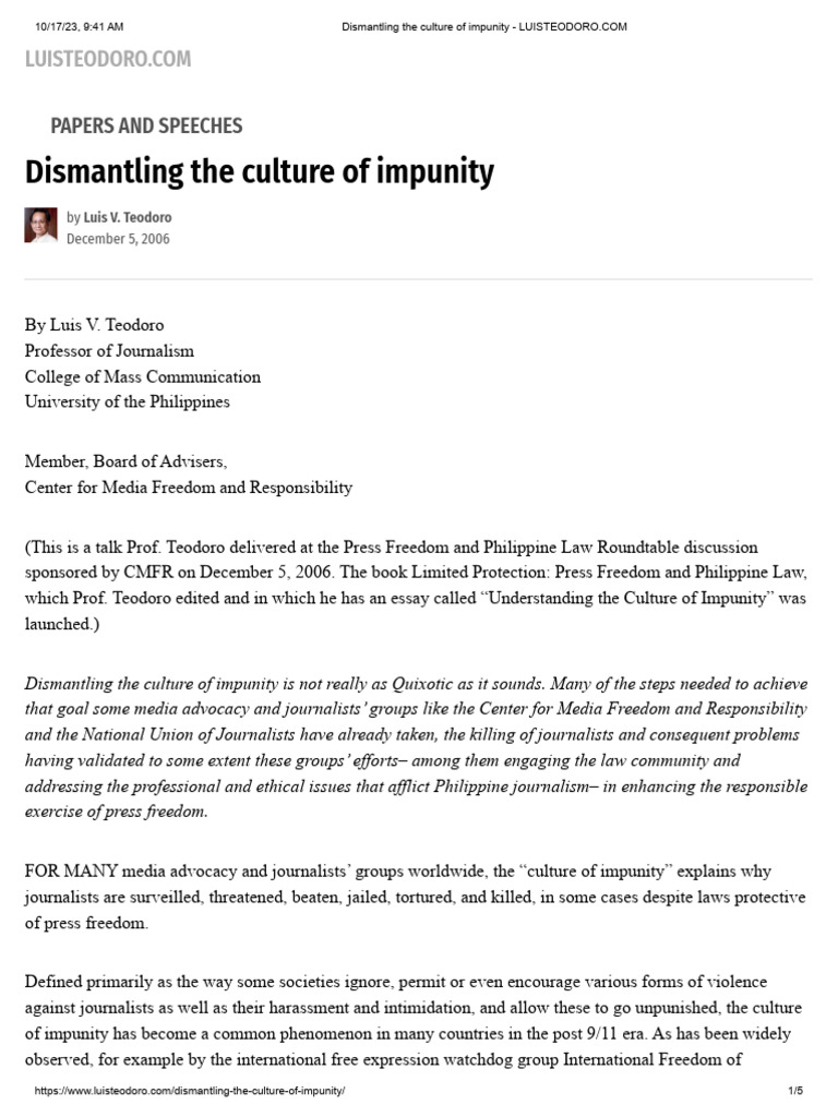 Teodoro (2006) - Dismantling The Culture of Impunity | PDF