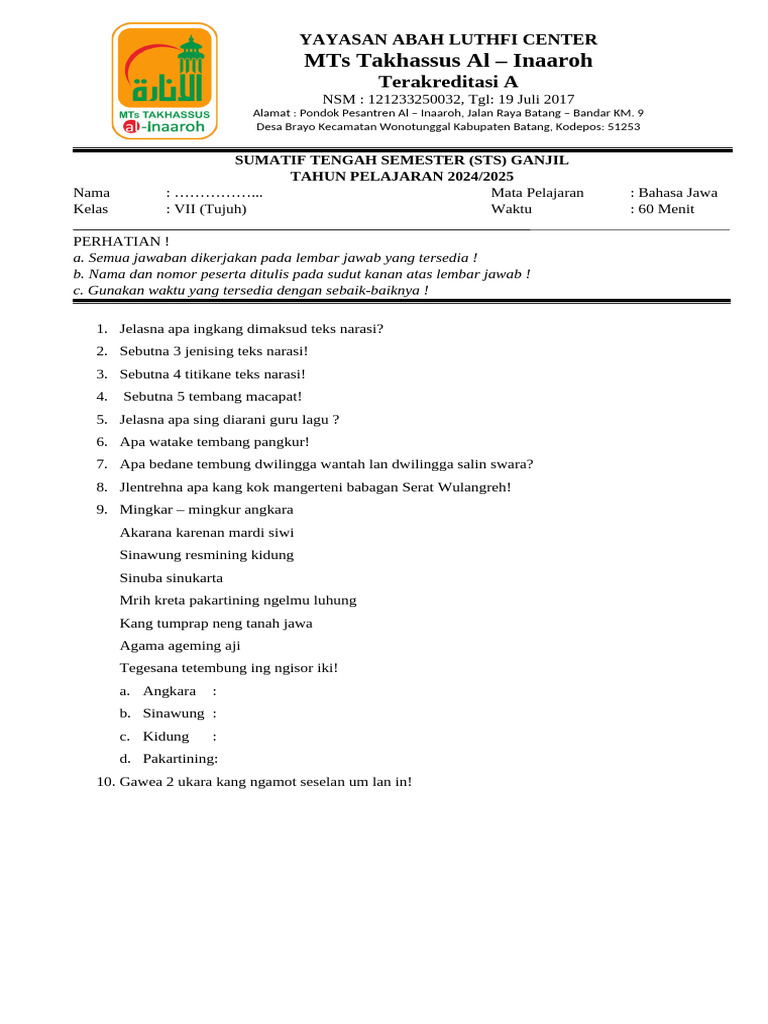 BAHASA JAWA VII KOP SOAL STS 2024 | PDF