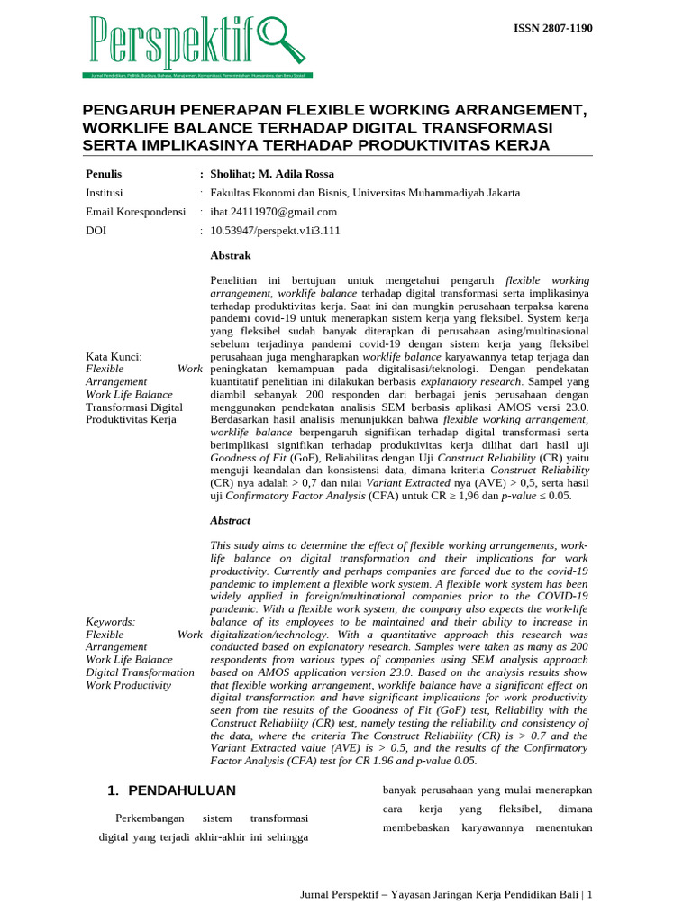 Pengaruh Penerapan Flexible Working Arrangement, Worklife Balance Terhadap Digital Transformasi ...