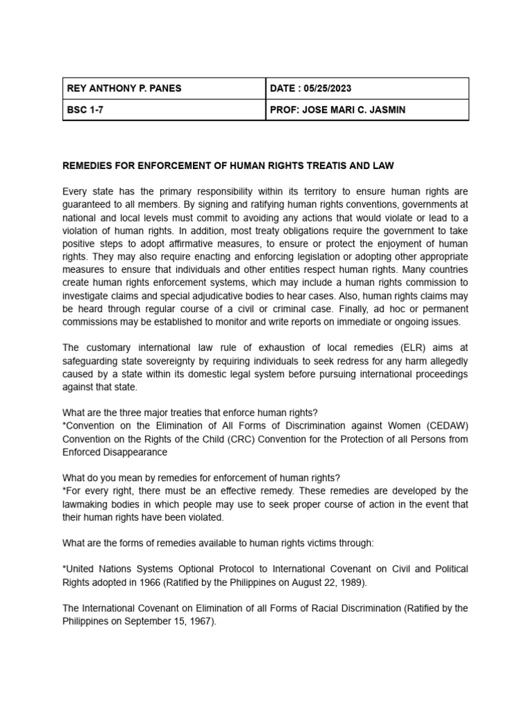 Remedies For Enforcement of Human Rights Treatis and Law | PDF ...