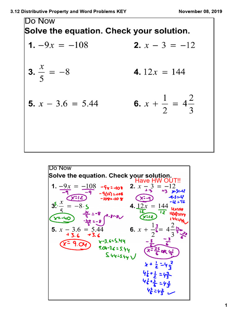 3 - 12 Distributive Property and Word Problems KEY | PDF