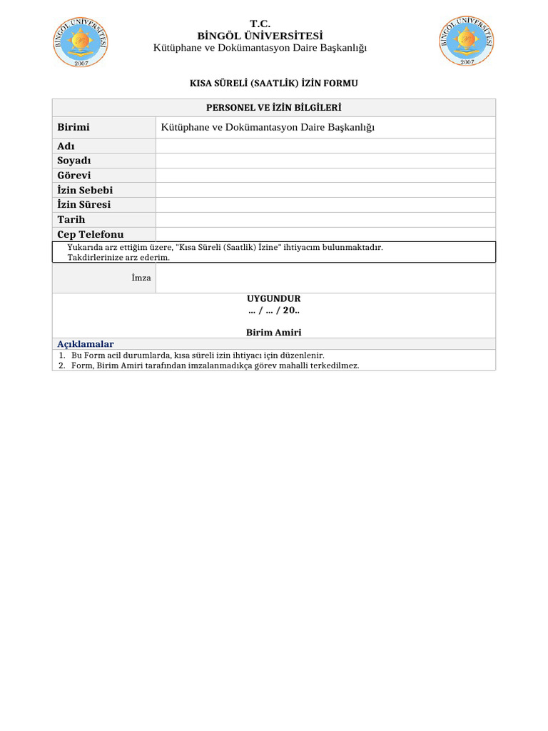 Kisa Sureli Saatlik Izin Formu | PDF