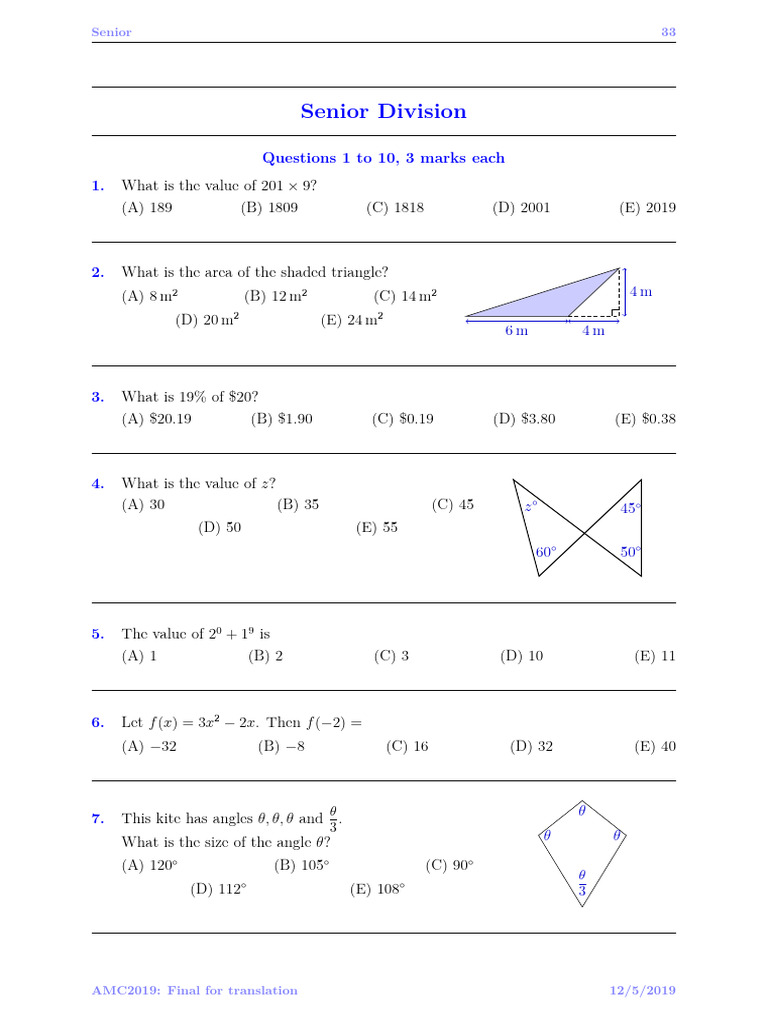 Senior Division: Questions 1 To 10, 3 Marks Each 1 | PDF
