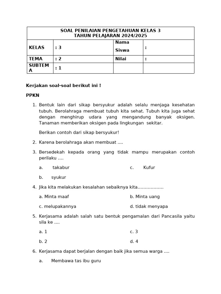 SOAL LATIHAN PENGETAHUAN TEMA 2 SUB 1 KELAS 3 Fix | PDF