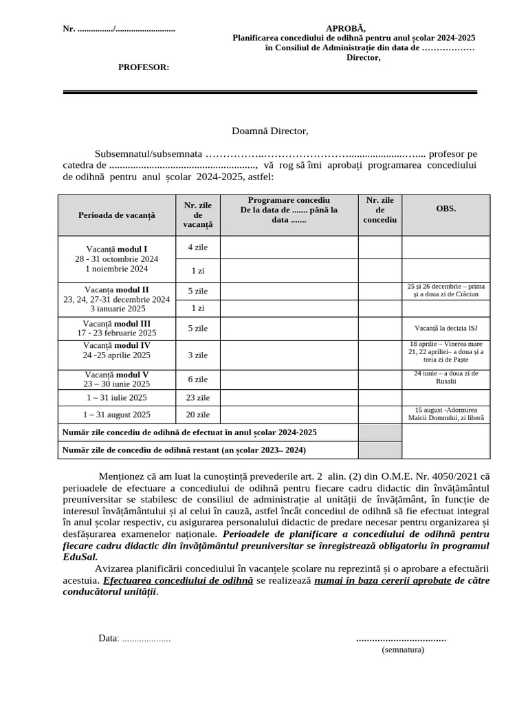 Cerere Programare Concediu 2024 - 2025 | PDF