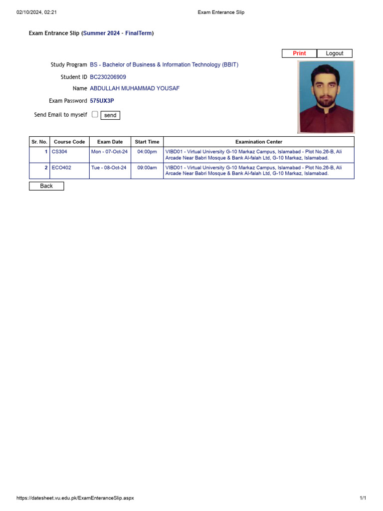 Exam Enterance Slip 2sub | PDF