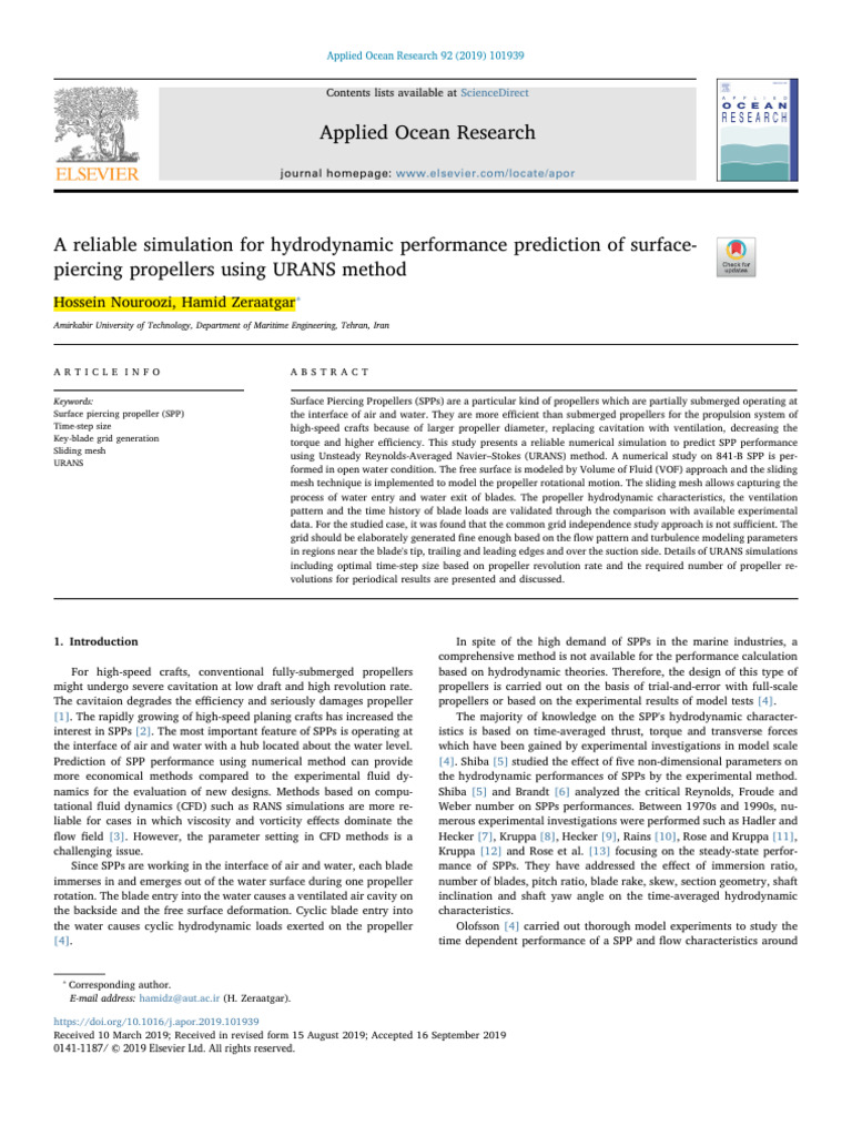 Applied Ocean Research: Hossein Nouroozi, Hamid Zeraatgar | PDF