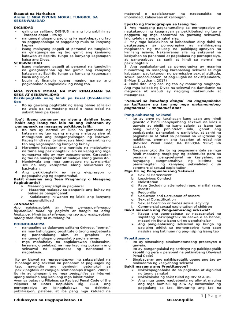 G10-ESP Q4 OUTLINE-MRonquillo | PDF