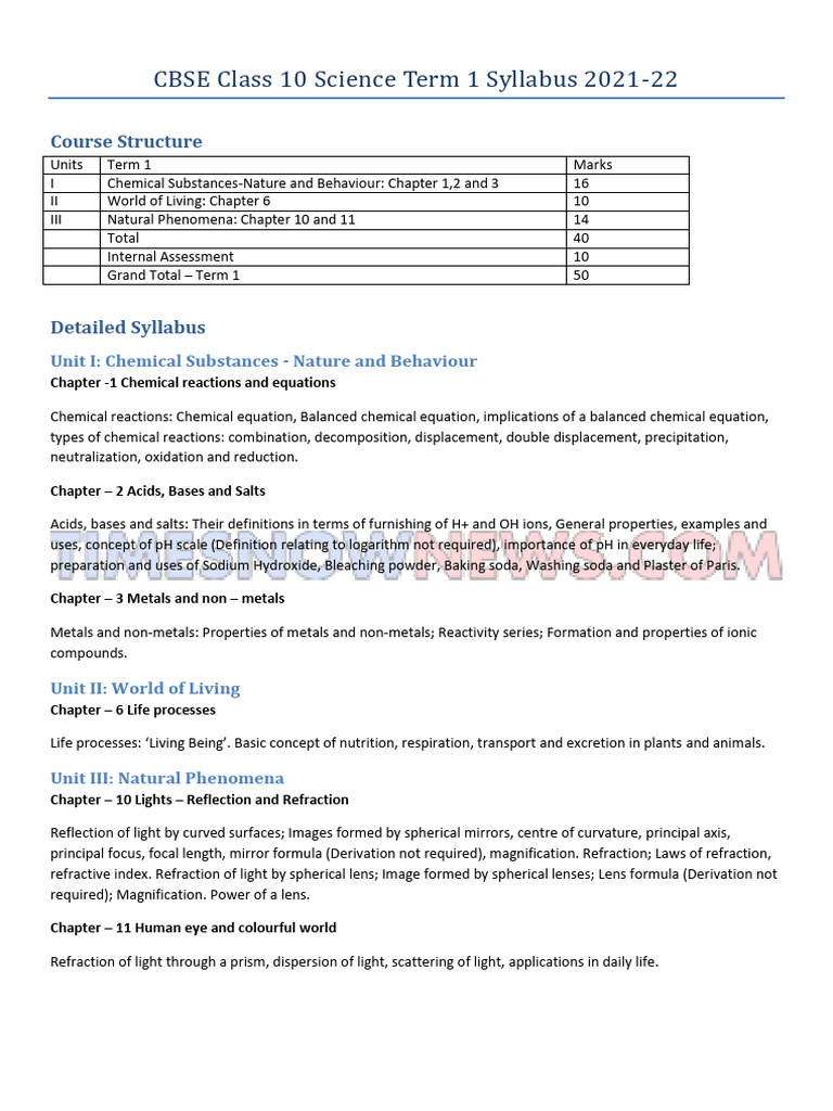 CBSE Class 10 Science Term 1 Syllabus 2021 | PDF
