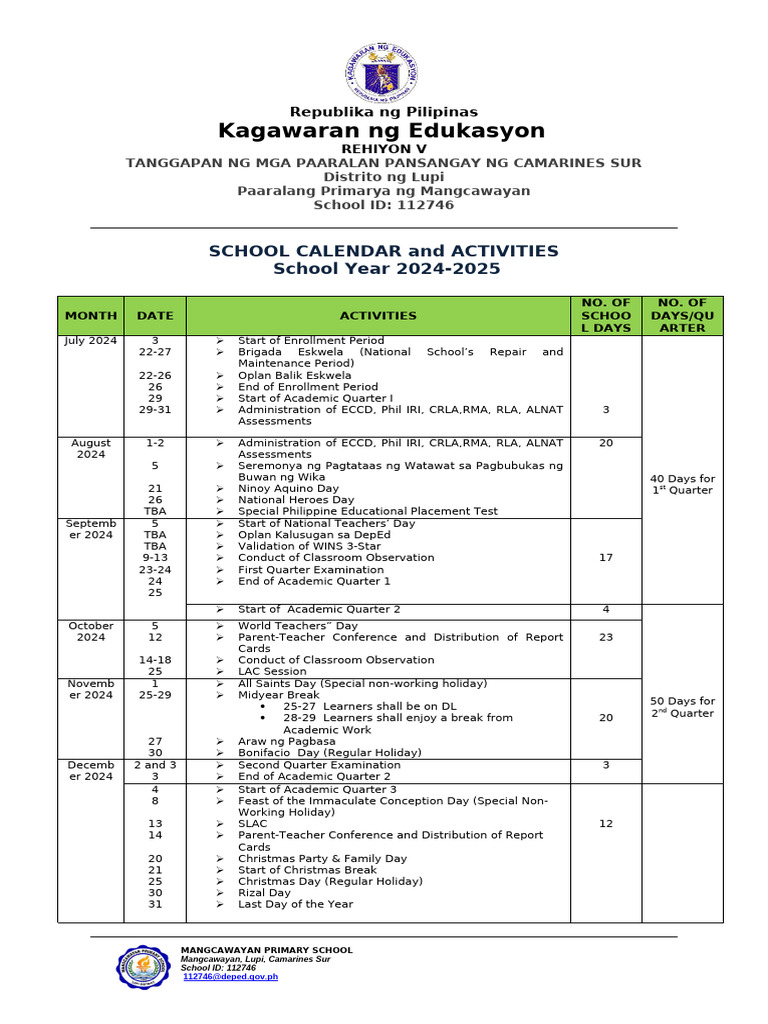 School Calendar For SY 2024-2025 | PDF