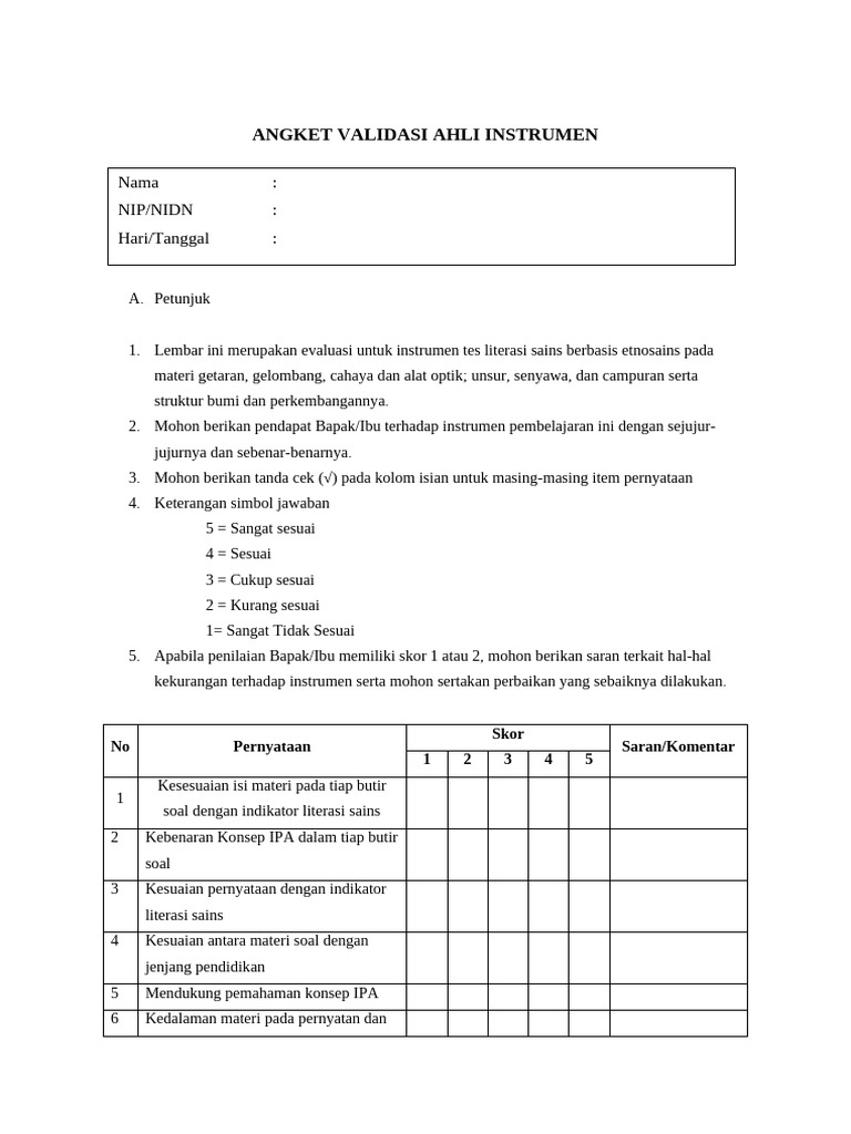 ANGKET VALIDASI AHLI INSTRUMEN Literasi Sains | PDF