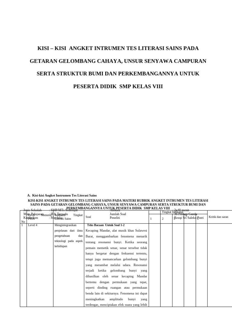 Kisi - Kisi Angket Instrumen Tes Literasi Sains | PDF