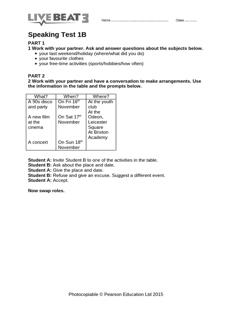 LB3 Speaking Test 1B | PDF