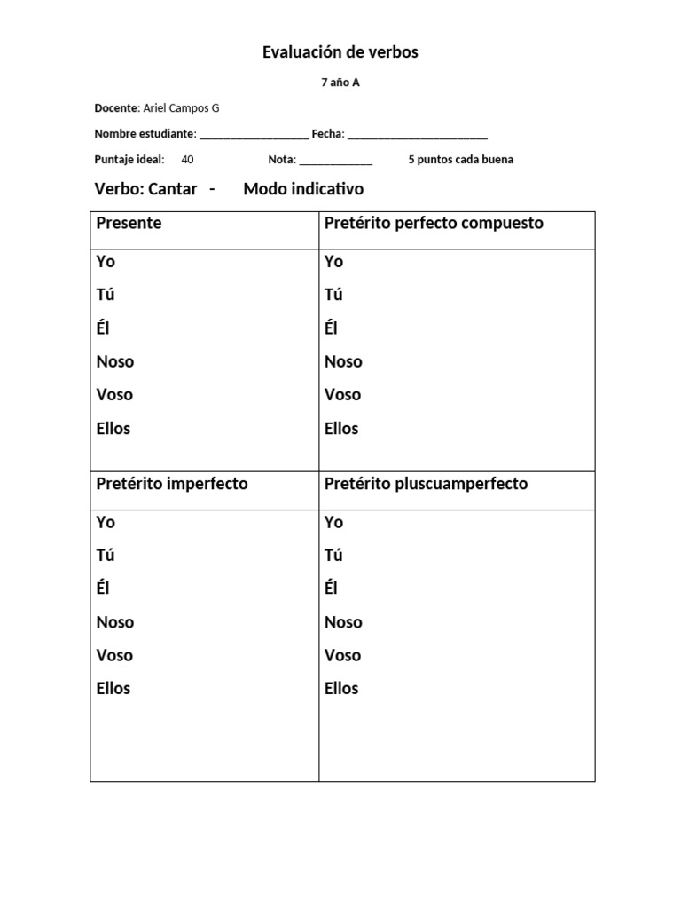 Evaluación de verbos 7 año A | PDF
