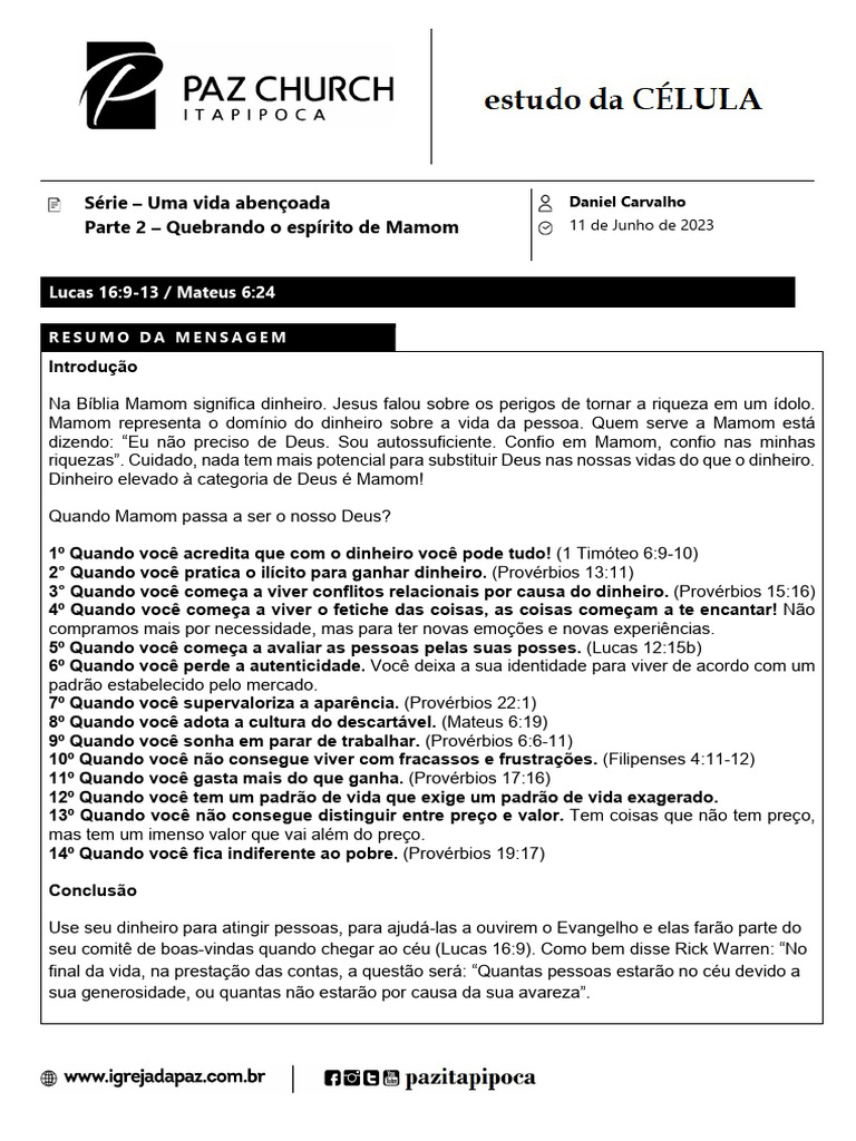 Folha de Célula - Quebrando o Espírito de Mamom | PDF