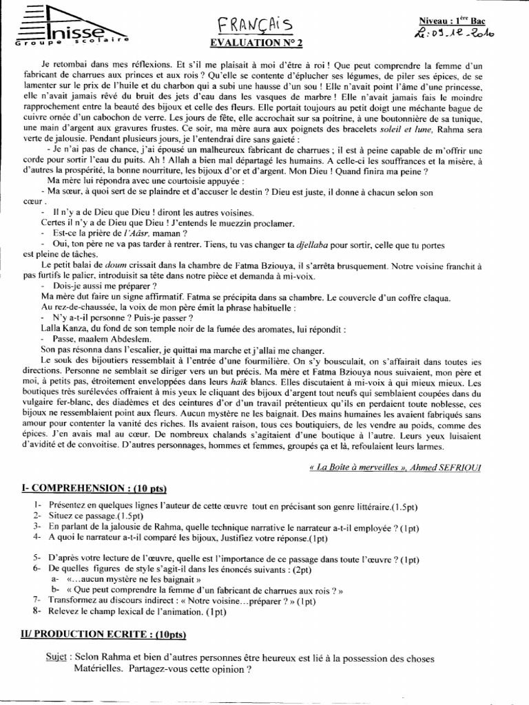 Devoir 2 Modele 9 Francais 1er Bac Semestre 1 | PDF