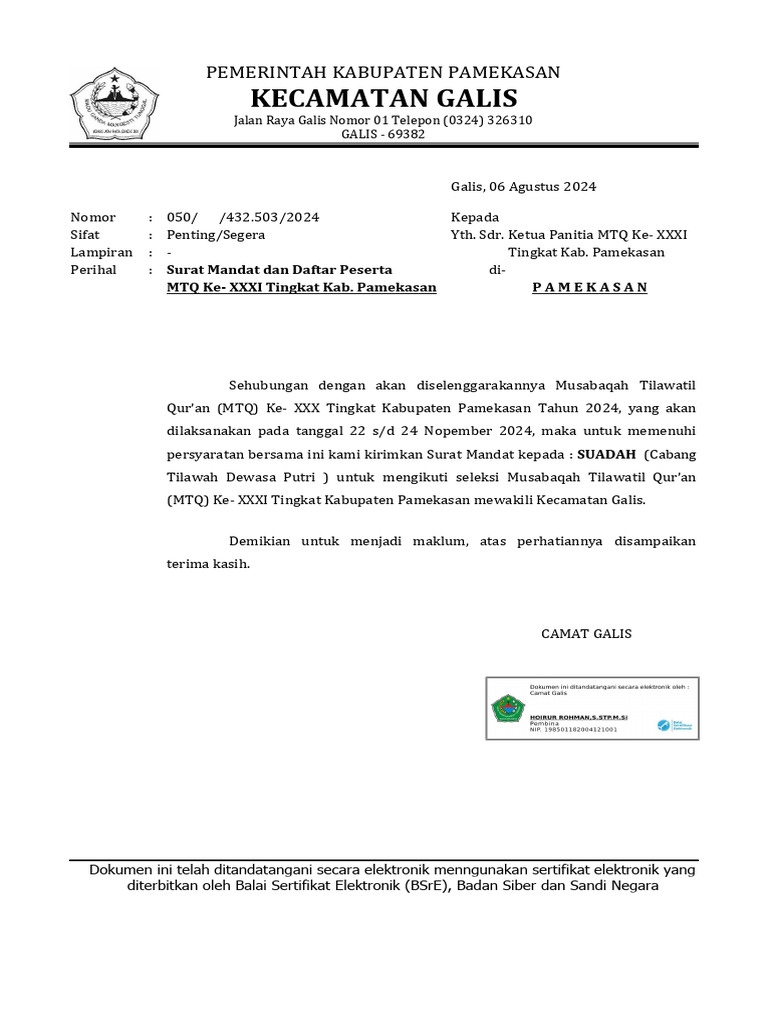Surat Mandat Dan Peserta MTQ Kec. Galis 1 - Sign | PDF