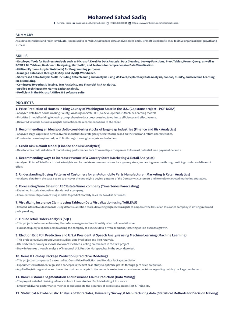 Sahad Sadiq Resume-Data Analyst | PDF