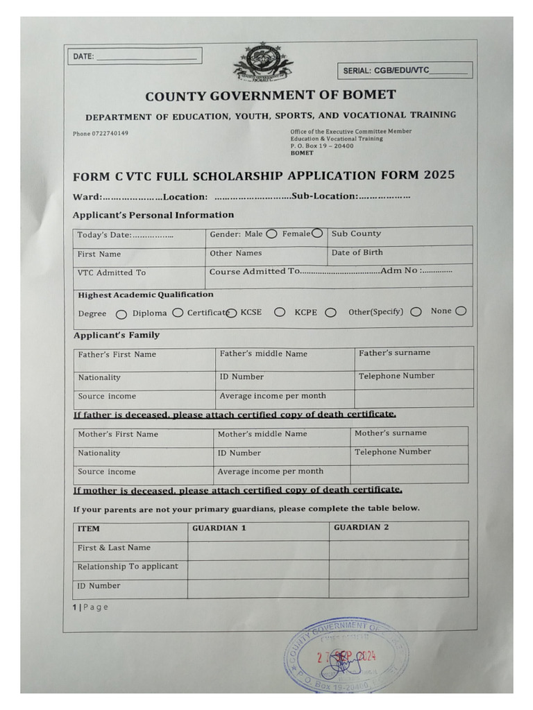 VTC Full Scholarship Application Form 2025 | PDF