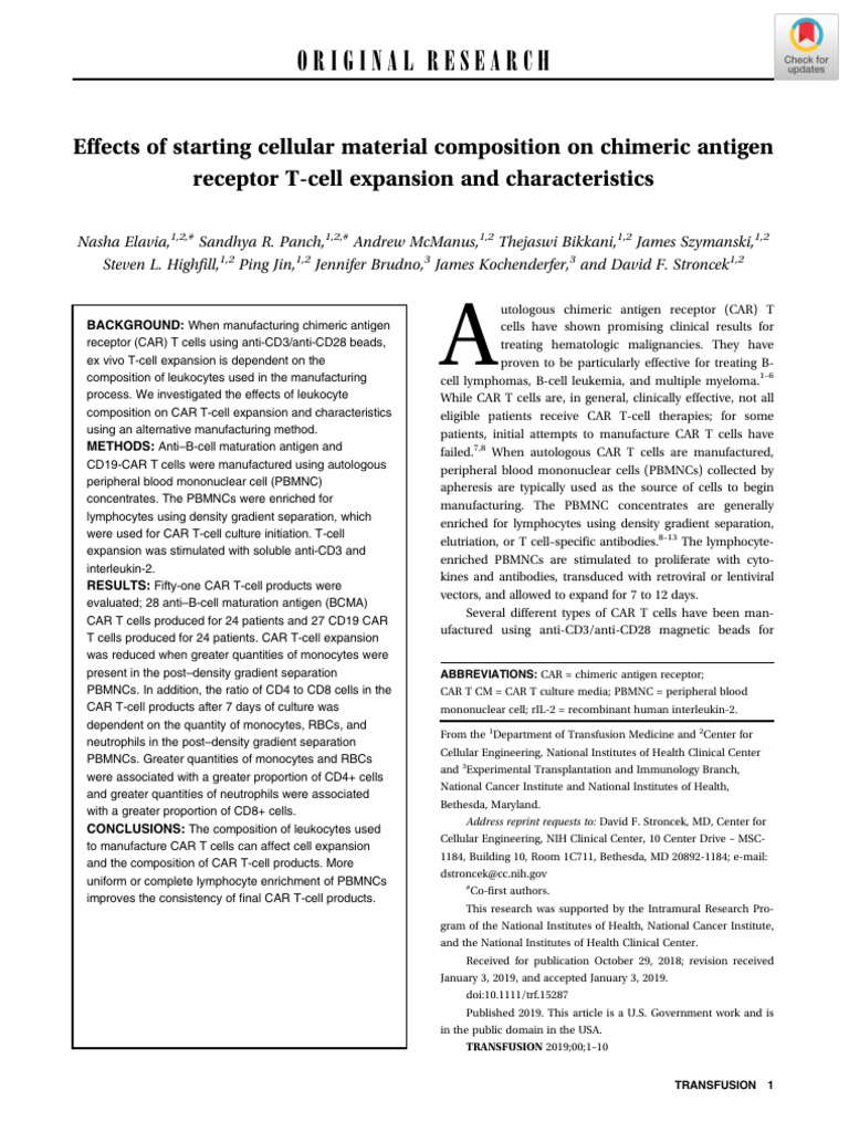 Effects of Starting Cellular Material Composition On Chimeric Antigen ...
